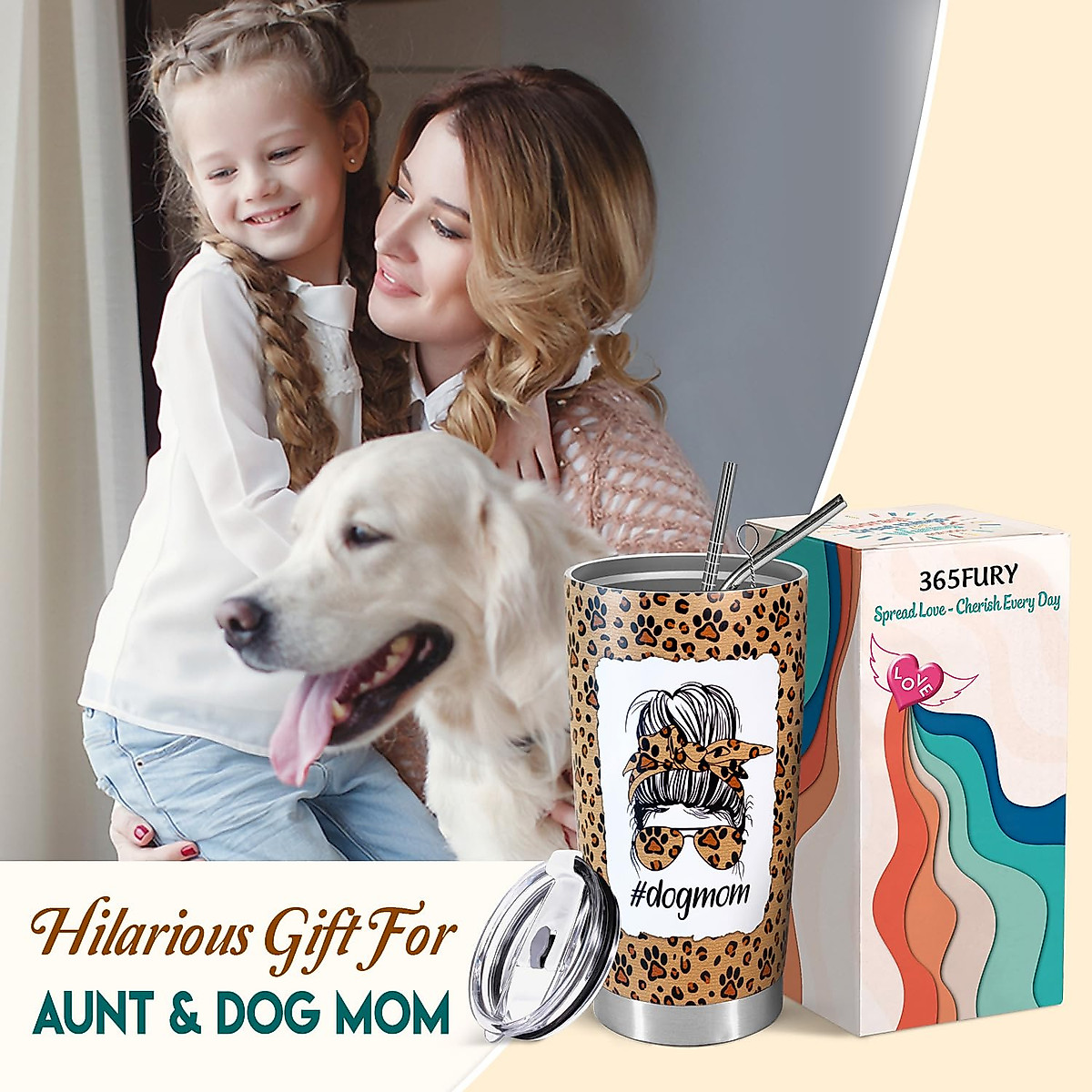 365FURY Aunt Gifts - Auntie Gifts From Niece or Nephew - Mother Day, Birthday Gifts For Aunt - Dog Mom Gifts For Women Dog Owner Travel Coffee Mug Tumbler With Lid Straw - 20oz