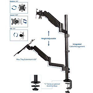 VIVO Black Dual Monitor Sit-Stand Height Adjustable Workstation, Standing Desk Mount with Pneumatic Spring, Holds 2 Screens up to 32 inches STAND-SIT2B