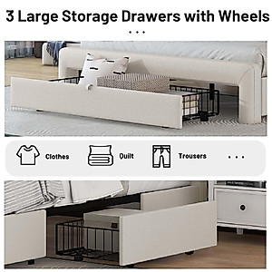 Queen Bed Frame with 3 Storage Drawers, Faux Leather Platform Bed with Headboard and Charging Station, Queen Size Bed Frame with Slats Support and USB Port, No Box Spring Needed, Beige