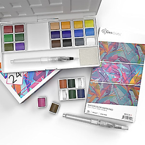 GenCrafts Watercolor Palette with Paper Pad 24 Premium Colors - 2 Refilable Water Brush Pens - 15 Sheets of Water Color Paper - Portable Painting