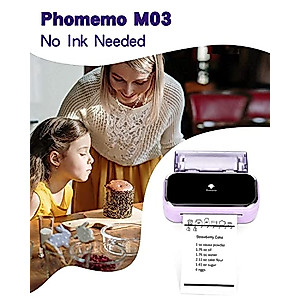 Phomemo M03 Pocket Printer- Portable Printer Photo Printer with 3 Roll 3 Inch Black on White, 77mm x 3.5m, 3 Inch X 11.5 ft, Compatible with iOS + Android for Photos, Journalist, Work, Plan-(Purple)