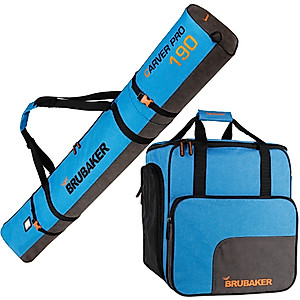 BRUBAKER Combo Set Carver Performance - Ski Bag and Ski Boot Bag for 1 Pair of Skis + Poles + Boots + Helmet - Blue Black - 74 3/4 Inches / 190 Cm