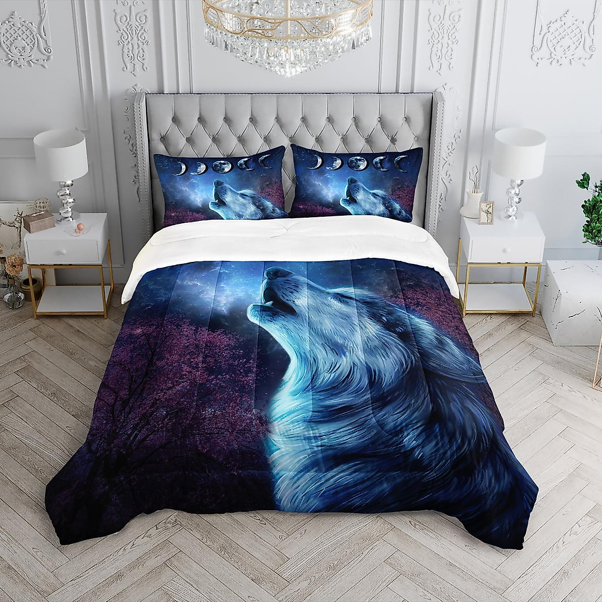 XYNHML Wolf Comforter Set Galaxy Night Moon Bedding Set 3Pcs Howling Wolf Down Lunar Eclipse Bed Set for Kids Teens Room Decor Wild Animals Comforter with 2 Pillowcases