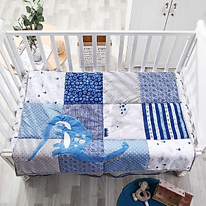 Little Grape Land 3 Piece Baby Crib Bedding Set, Dinosaur Standard Size Crib Set, Nursery Bedding for Boys, Crib Sheet, Comforter, Crib Skirt, 28" x 52", Blue/Grey