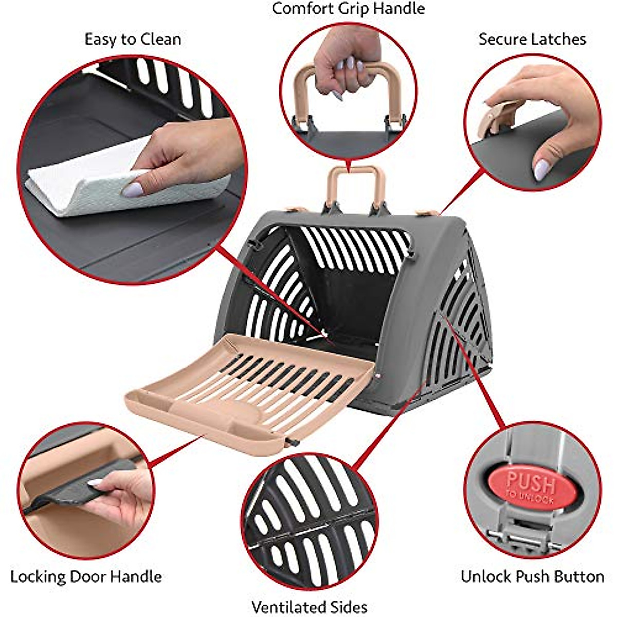 SPORT PET Designs Foldable Travel Cat Carrier with A Bed - Front Door Plastic Collapsible Carrier