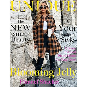 Blooming Jelly Women's Button Down Flannel Shirts Plaid Shacket Long Sleeve Collared Long Jacket Coats（XLarge,Brown Plaid）