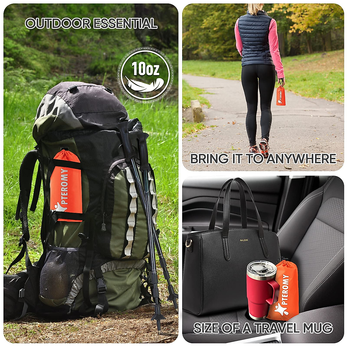 PTEROMY Hooded Rain Poncho for Adult with Pocket, Waterproof Lightweight Unisex Raincoat for Hiking Camping Emergency (Orange)