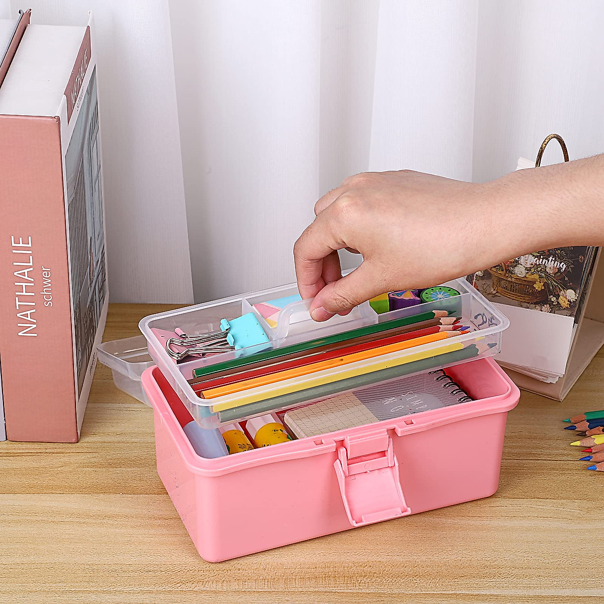 BTSKY Small Plastic Storage Box with Lid 7.9"x3.7"x4.1" Art Supply Storage Organizer with Handled Removable Tray Multi-use Small Storage Container Portable Sewing Box for Art & Sewing Supplies, Pink