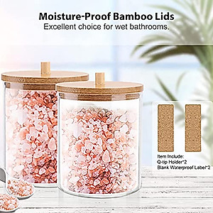 TCJJ 2 Pack Acrylic Qtip Holder Dispenser Jars with Bamboo Lids, Cotton Ball Pad Round Swab Holder for Bathroom Accessories Storage Organizer