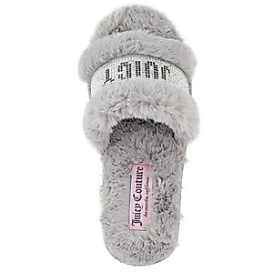 Juicy Couture Women's Luxe Faux Fur Slide Slippers with Embellished Strap, Cozy Indoor/Outdoor Fuzzy Slip-On Sandals, Halo - Grey, Size 9
