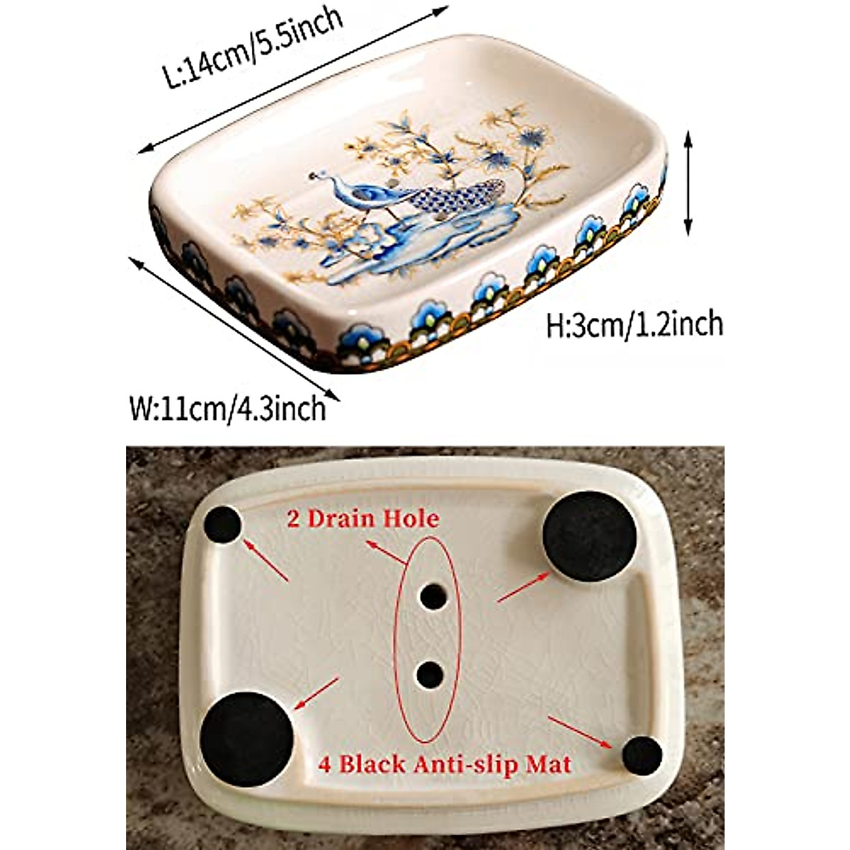 Kelake Ceramic Soap Dish, Ice Crack Ceramic Peacock and Flower Soap Dish Holder for Bathroom, Creative Porcelain Shower Soap Tray Box Bath Accessories with Two Drain Holes