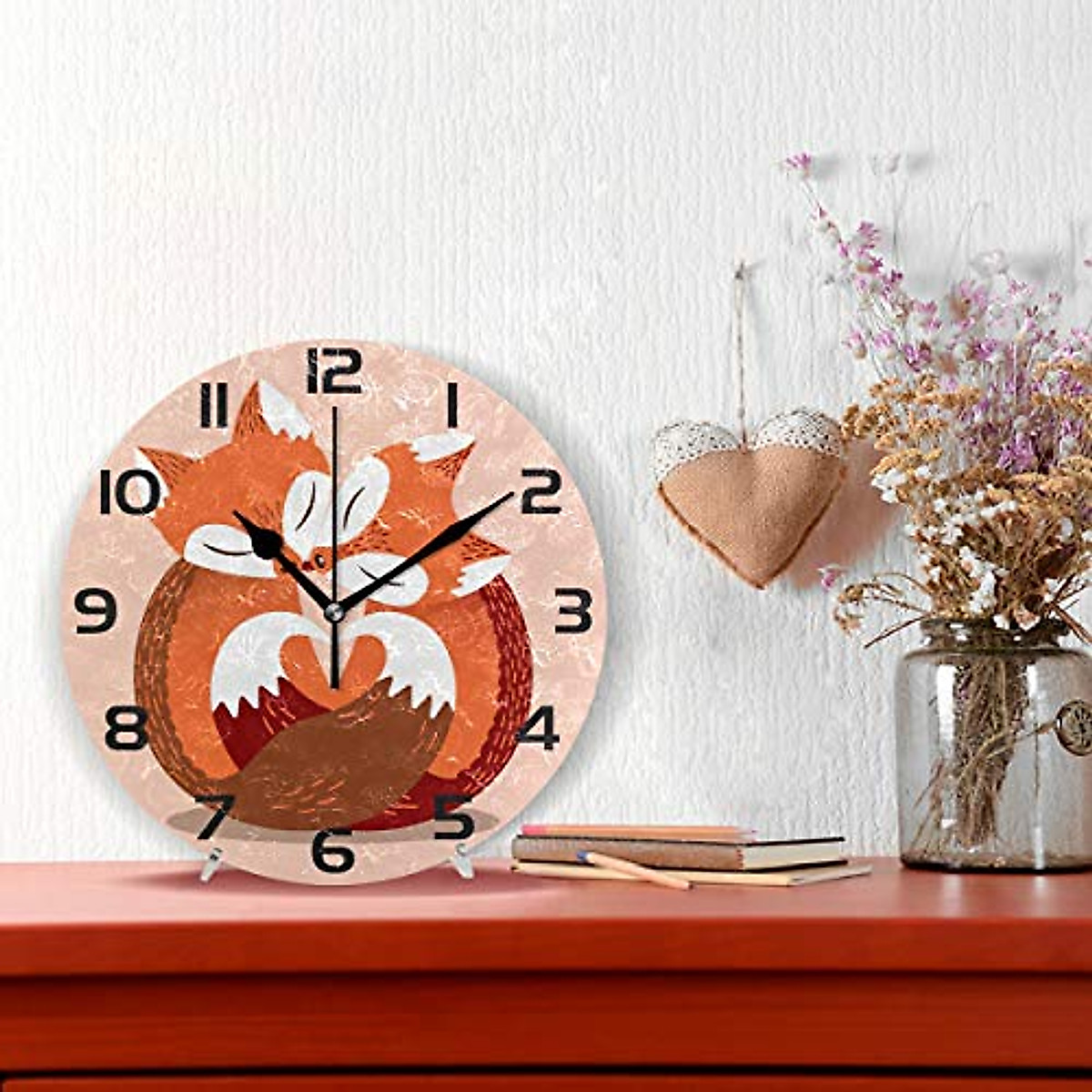 Oreayn Cute Fox Couple Animal Wall Clock for Home Office Bedroom Living Room Decor Non Ticking
