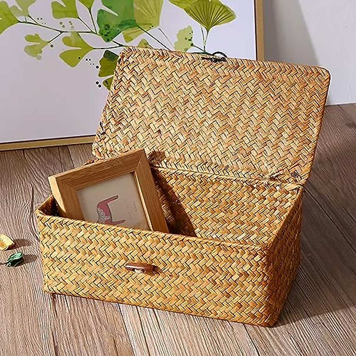 Seagrass Storage Basket, Rectangular Seagrass Basket, Natural Seagrass Storage Basket Woven Rectangular Shelf Basket Bins with Lids Desktop Organizer Wicker Baskets for Organizing(L)