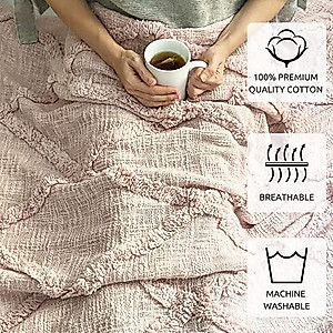 Elrene Home Fashions Farmhouse Living Rustic Vogue Aspen Diamond Tufted Fringe Blanket Throw for Couch/Sofa/Bed/Everyday, Single (50 in x 60 in), Blush