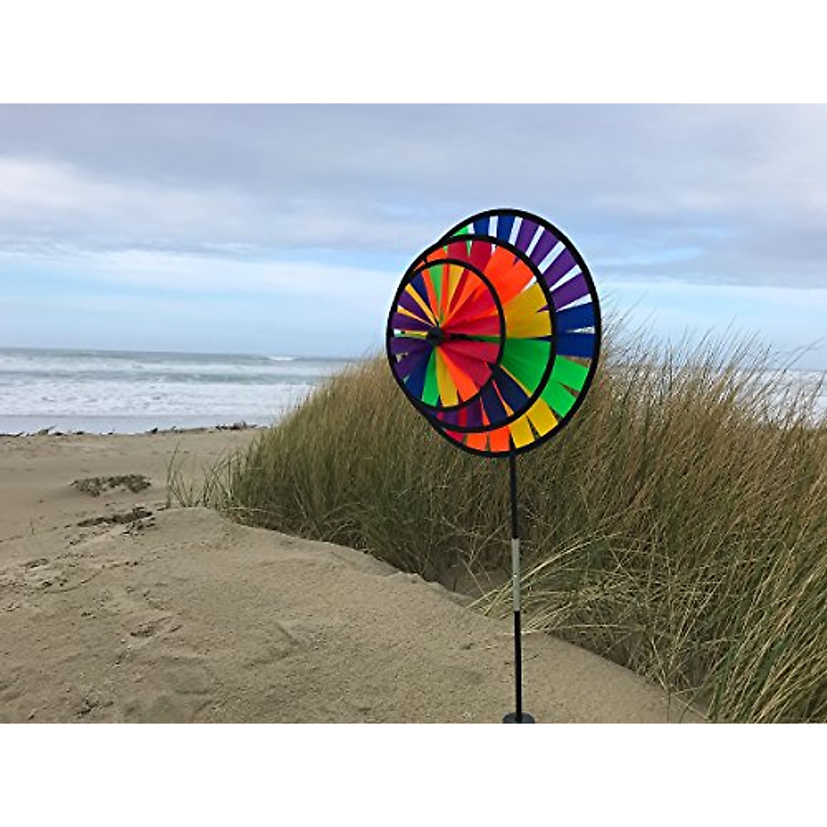 In The Breeze Rainbow Triple Wheel Spinner- Ground Stake Included - Colorful Wind Spinner for your Yard and Garden