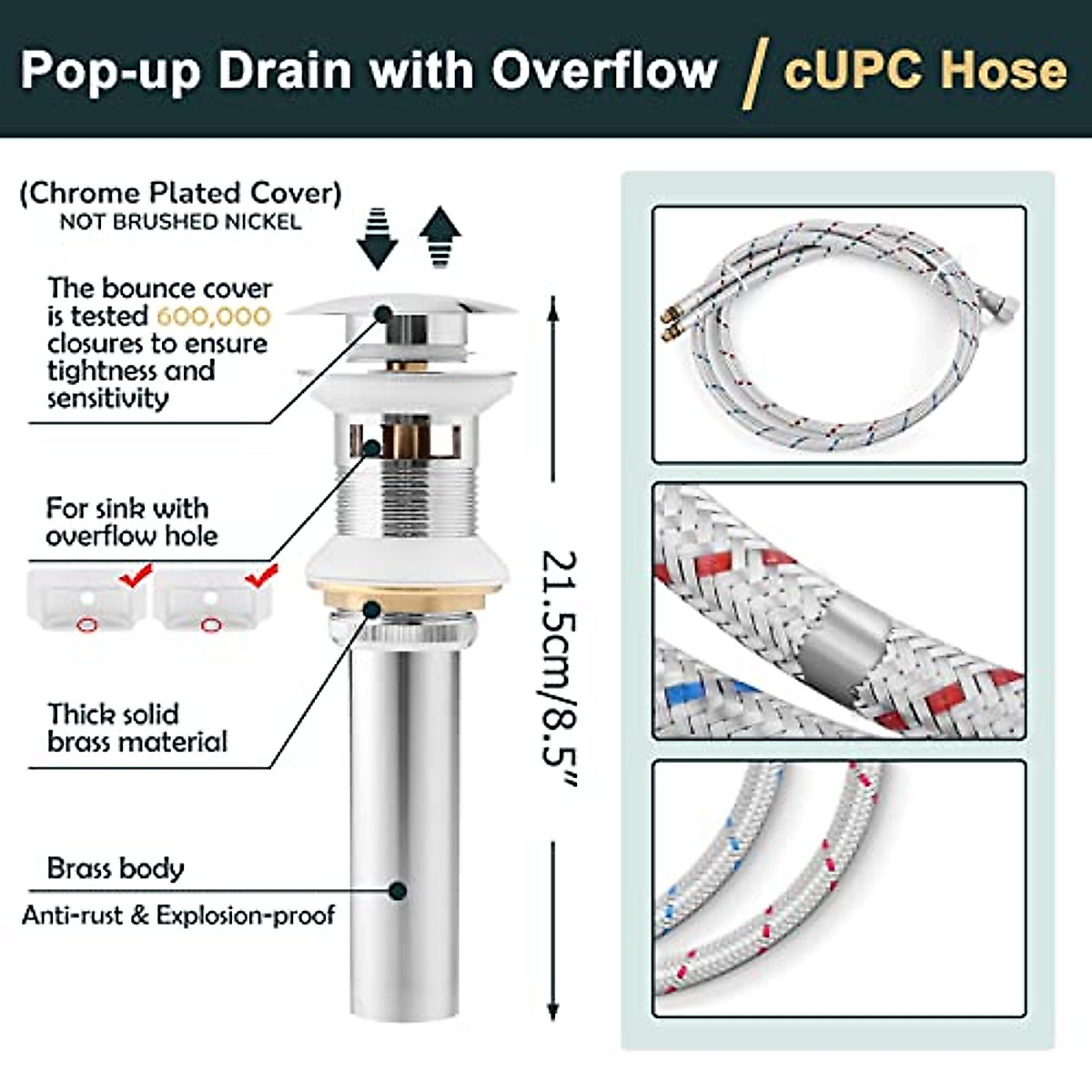 Herogo Waterfall Bathroom Faucet, Brushed Nickel Bathroom Faucets for Sink 1 or 3 Hole with Brass Pop Up Drain, Stainless Steel Single Handle Vanity RV Lavatory Mixer Tap with 2 Water Hoses