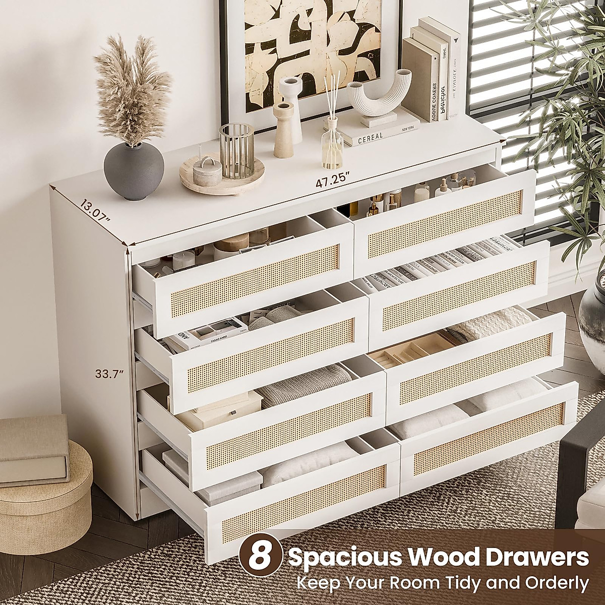 Patikuin 8 Drawer Double Dresser for Bedroom, Rattan Chest of Dressers, Modern Wooden Dresser Chest, Beside Table for Closet, Nursery, Living Room and Entryway, White