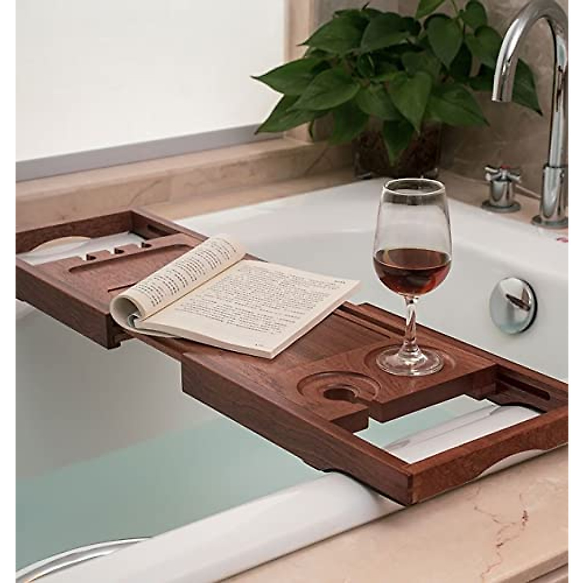 WZSON Non-Slip Bath Tray Solid Bamboo, Multifunctional Retractable Bathtub Stand, with Storage Compartment, Hook and Bezel, for Spa Home,Ebony