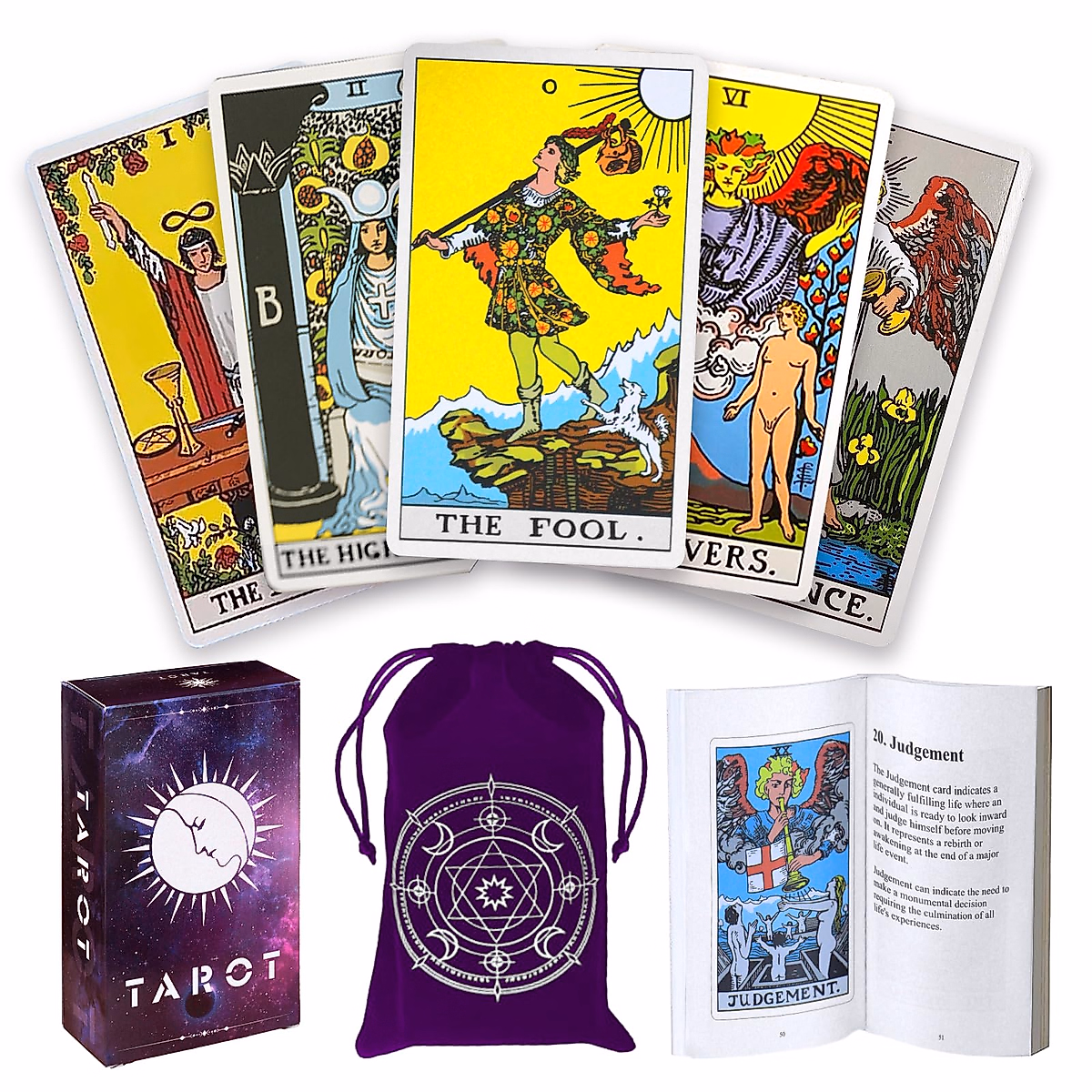 DEBIDSTL Tarot Cards for Beginners,78 Classic Tarot Cards Deck with Guidebook and Velvet Storage Bag,Durable Tarot Cards,Fortune Telling Games (Purple)