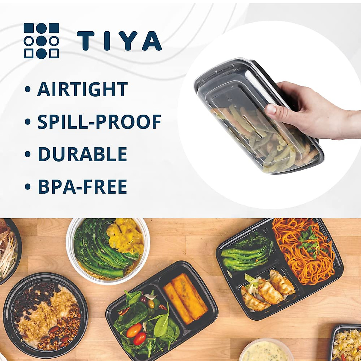 TIYA Takeout Containers - 48 oz Bulk 150 Pack with Lids - Rectangular Plastic To-Go Containers - Reusable, Microwavable, Dishwasher Safe - Leak-Proof for Meal Prep & Restaurants - BPA-Free