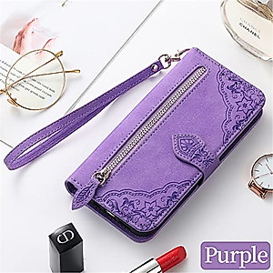 ONV Wallet Case for Oppo Realme V30 - with Zipper Wrist Strap Emboss Flower Flip Phone Case Card Slot Magnet Leather Shell Flip Stand Cover for Oppo Realme V30[SZY] -Purple