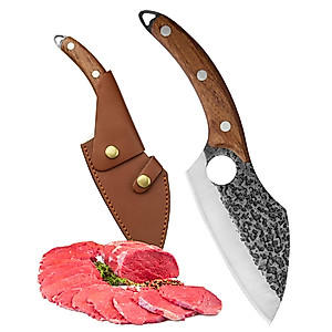 XYJ 6 inch Boning Knife Full Tang Handmade Forging Carving Knife 4Cr13 Stainless Steel Blade with Soft Leather Sleeves for Carrying Out