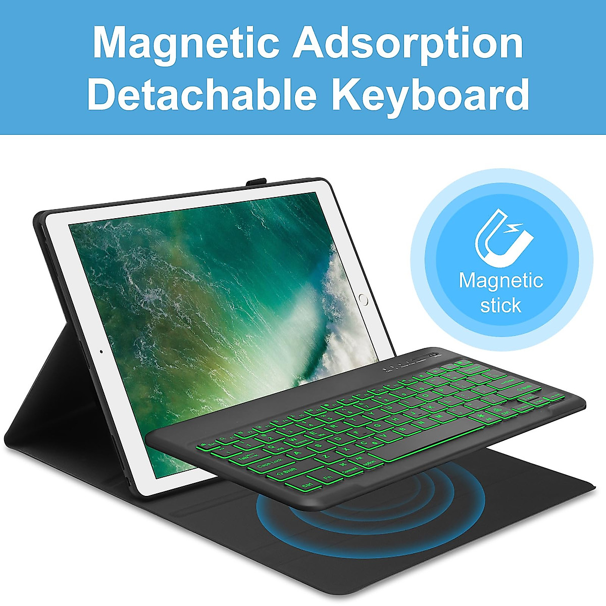 SENGBIRCH iPad Pro 12.9 Case with Keyboard 2nd Generation, for iPad Pro 12.9-inch - 2015 1st, 2017 2nd Generation, (Old Model: A1670/A1671/A1584/A1652), 7 Colors Backlit, with Pencil Holder, Black