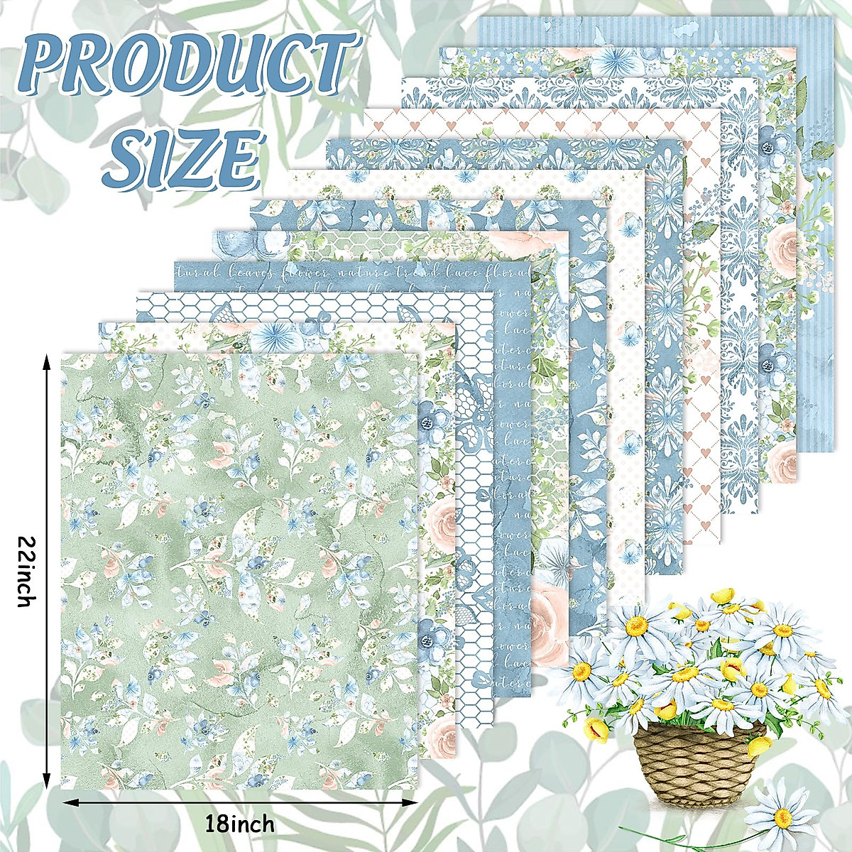 Whaline 12Pcs Floral Cotton Fabric Bundles Blue Pink Green Retro Flower Printed Fat Quarters Spring Sewing Fabrics for DIY Handmade Crafting, 18 x 22 Inch