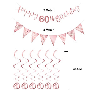 60th Birthday Decoration Kit for Women, Happy 60th Birthday Banner Bunting Swirls Streamers, Triangle Flag Banner for Birthday Party Decorations Supplies Rose Gold 60th