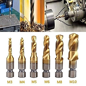 6 Pack Titanium Combination Drill Tap Bits Set, Metric HSS M3-M10 Screw Tapping Countersink Bit Tool, 1/4inch Hex Shank Screw Taps Tool Set