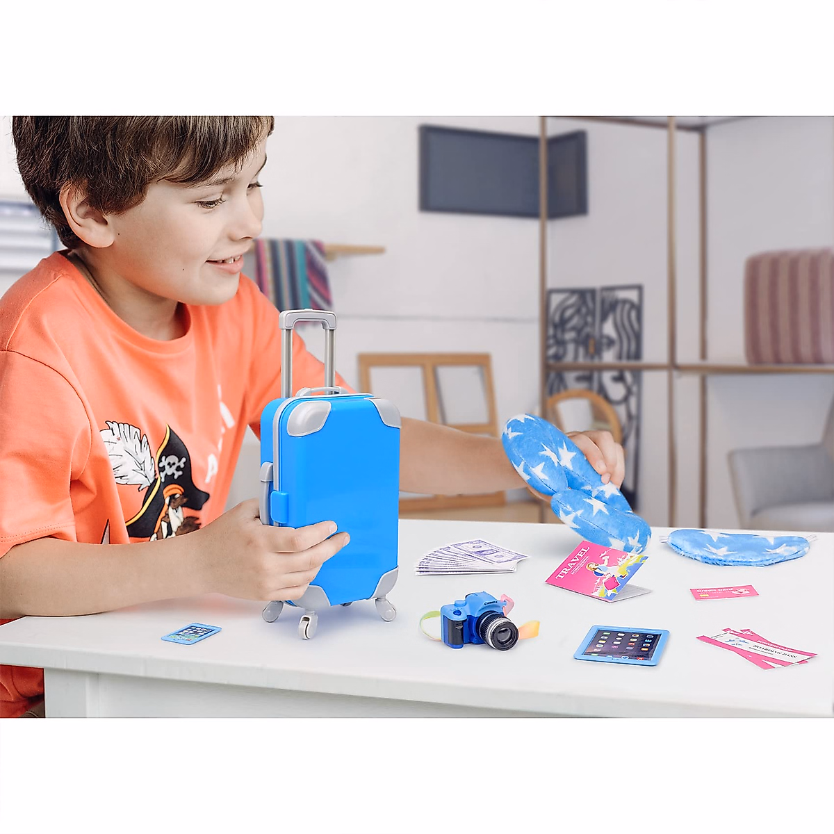 Ecore Fun 24 Pcs 18 Inch Boy Doll Clothes and Accessories Suitcase Play Set Included Travel Carrier Clothes Camera Phone Travel Pillow Passport Tickets Cashes Credit Card Map