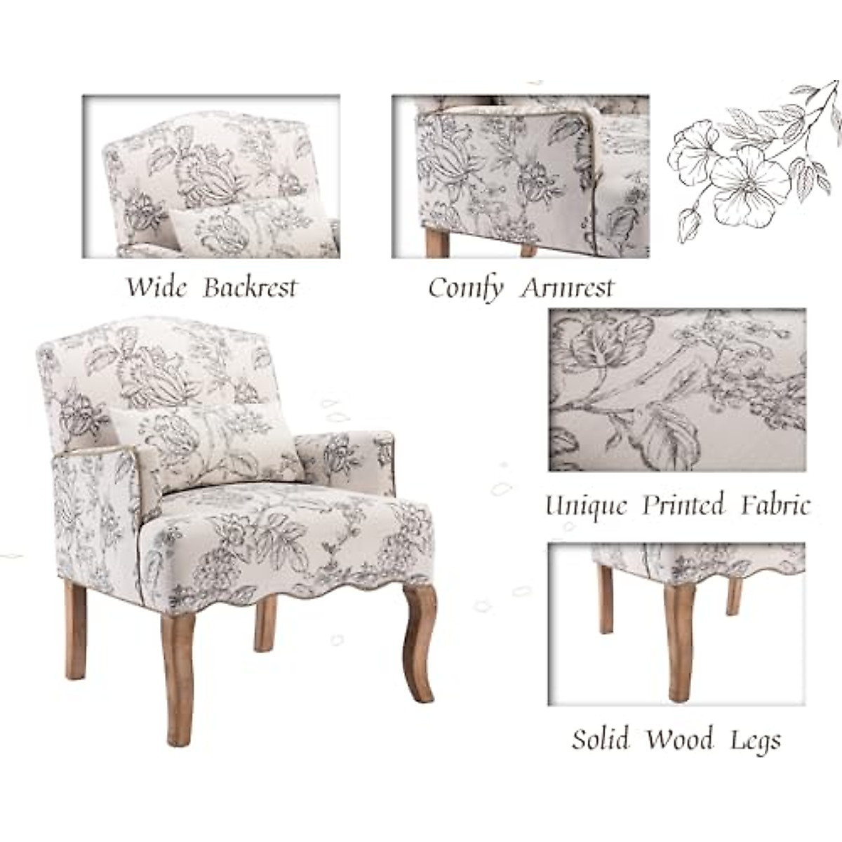 Shunzhi Mid Century Accent Chairs Modern Floral Armchair Upholstered Reading Chair Linen Farmhouse Single Sofa Chair with Pillow for Bedroom/Living Room/Fireplace, Beige, 2PC