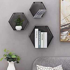 MyGift Wall Mounted Geometric Hexagon Hanging Shelf Design Rustic Galvanized Silver Metal Floating Shelves with Mesh Backing, Set of 3