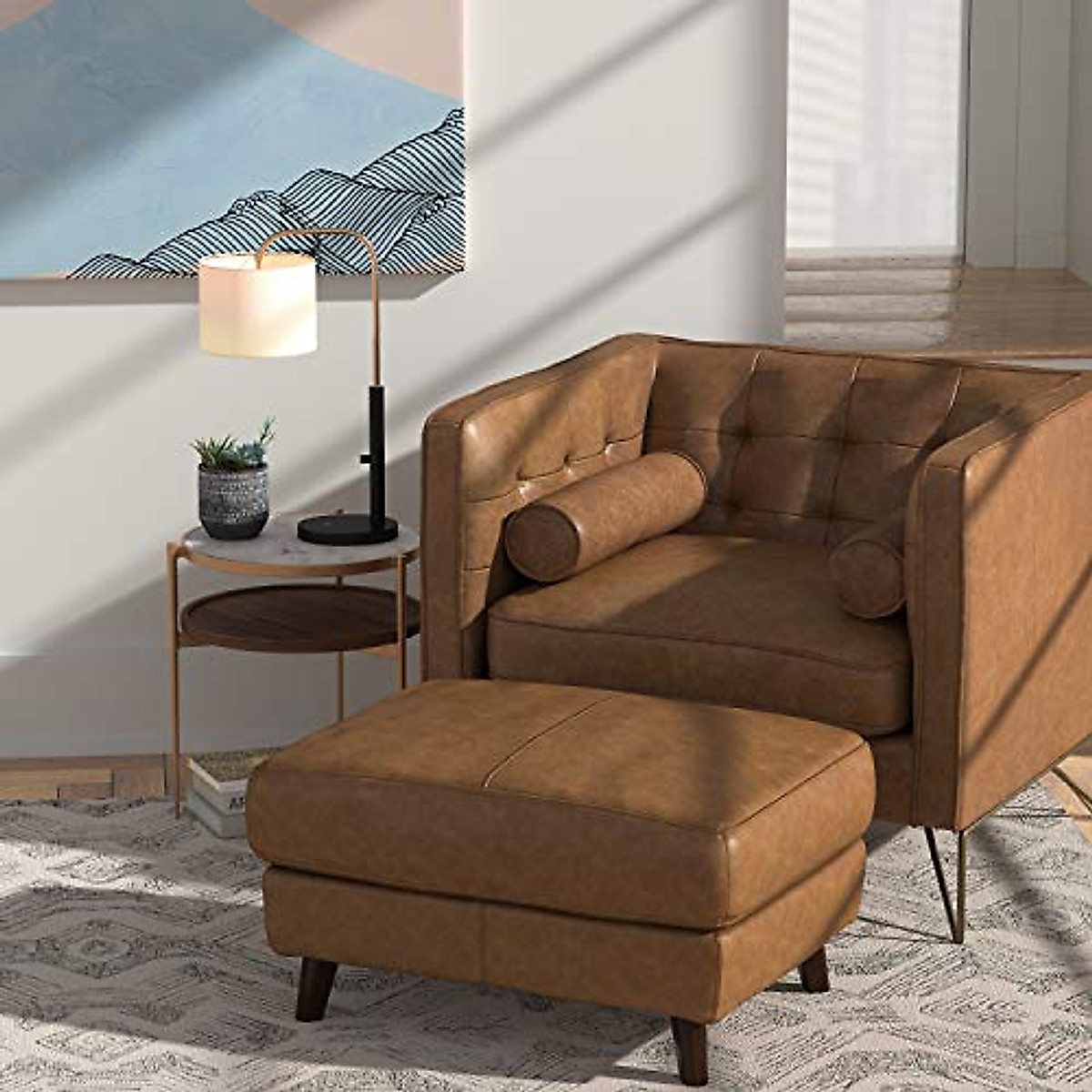 Amazon Brand – Rivet Sloane Mid-Century Rectangular Modern Leather Ottoman, 31.9"W, Caramel