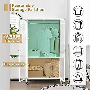 Giantex Closet Wardrobe, Portable Closet with Rollers, Mobile Metal Armoire Closet with Hanging Rod, Adjustable Shelf, Rolling Closet Storage Accent Cabinet, Armoire Clothes Organizer for Bedroom