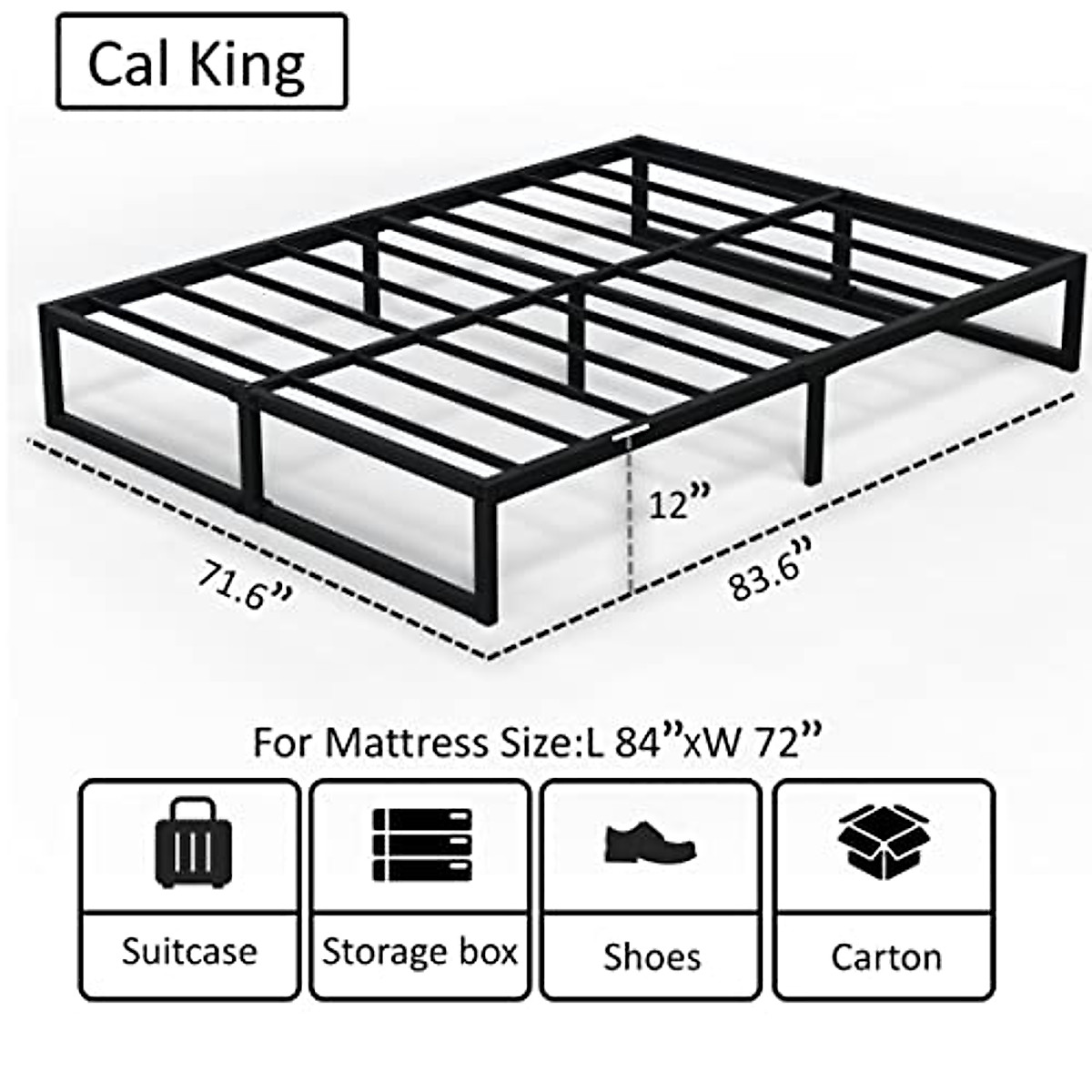 EMODA 12 Inch California King Bed Frames Heavy Duty Metal Cal King Platform with Steel Slats Support, No Box Spring Needed, Noise Free, Black