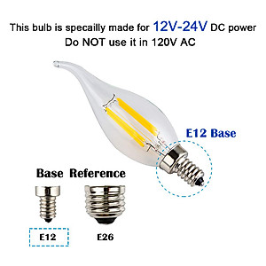 OPALRAY Low Voltage 12V LED Candelabra Bulb, 12V DC or 12V AC, 4W Dimmable, 2700K Warm White Light, E12 Small Base, 40W Incandescent Replacement, 12Volt DC Operated, Clear Glass Flame Tip, 5-Pack