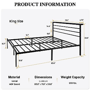 SHA CERLIN King Size Bed Frame with Headboard Shelf, Heavy Duty Platform Bed Frame with Strong Metal Foundation, No Box Spring Needed, Black