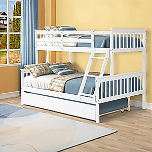 Tatub Twin Over Full Bunk Bed with Trundle, Ladder and Guard Rails, Pine Wood Frame, 3 in 1 Convertible Bunk Bed with Trundle for Kids, Teens, Adults, No Box Spring Needed, Bunk Bed White