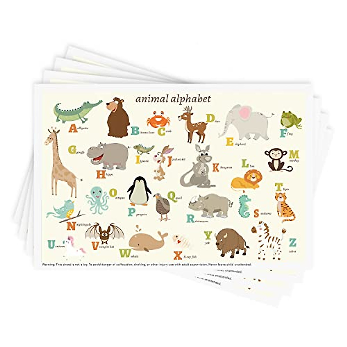 Disposable Stick-on Placemats 40 Pack for Baby & Kids, Restaurant Table Mats 12" x 18" Sticky Place Mats, Toddler Baby Placemat, Animal Alphabet Theme