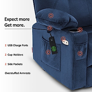 MCombo Medium Power Lift Recliner Chair Sofa with Massage and Heat for Elderly, 3 Positions, Cup Holders, and USB Ports, 2 Side Pockets, Fabric 7040 (Medium, Yale Blue)