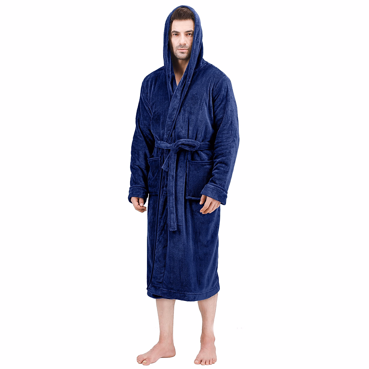 NY Threads Mens Hooded Fleece Bathrobe Plush Long Spa Robe Pack of 1, 2X-Large/3X-Large, Navy
