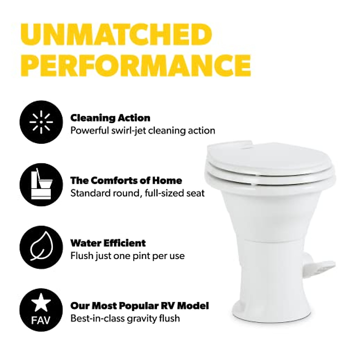 Dometic 310 Standard Toilet - White, Oblong Shape, Lightweight and Efficient with Pressure-Enhanced PowerFlush and Slow Close Seat Cover - Perfect for Modern RVs