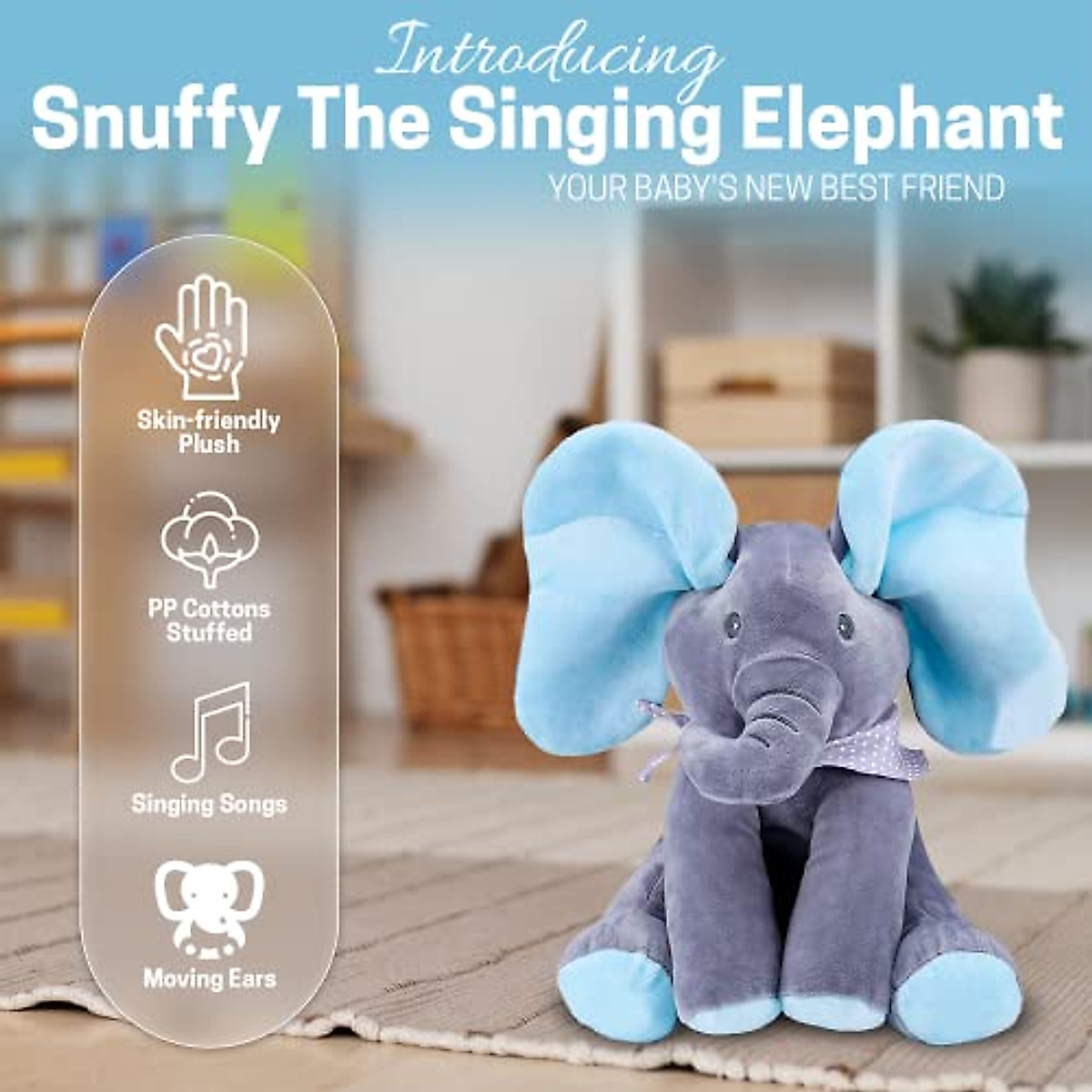 13MARCH Snuffy The Elephant - Musical Peek-a-Boo Elephant Toy - Interactive Stuffed Baby Animal with Moving Ears for Baby - Hide and Seek Fun - Elephant Plush Baby Toy