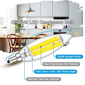CRLight 10W High Brightness Dimmable LED Candelabra Bulb 5200K Daylight White, 90W Equivalent 900LM E12 LED Bulbs, Upgraded Lengthened B11 Clear Glass Chandelier Light Bulbs, 4 Pack