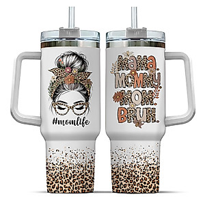 99WHALE Mom Bruh Messy Bun Leopard, Tumbler 40 Oz With Handle Lid And Straw, Mom Gifts, Mommy Straws Cup Mothers Life To Women Momma Funny Be For Handle Daisy Insulated Modern Coffee