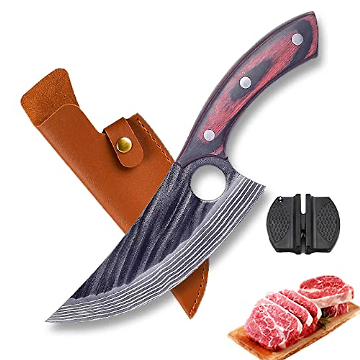 tatakook Butcher Knife for Meat Cutting,Hand Forged Viking Knife with Sheath,Caveman Knives Camping knife for Kitchen,Meat Cleaver Boning Knife (color 2)
