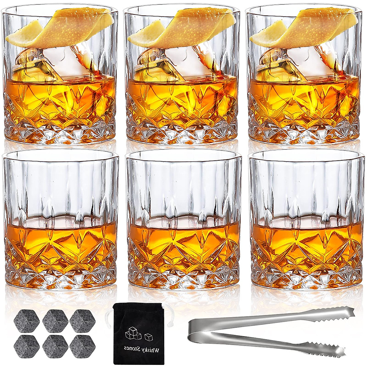 INFTYLE Whiskey Glasses Old Fashioned Glass 10oz Set of 6 Crystal Rocks Bourbon Scotch Whisky Glasses Drinking Tumblers Cups for Cognac Cocktail Bourbon Rum Brandy Bar Men
