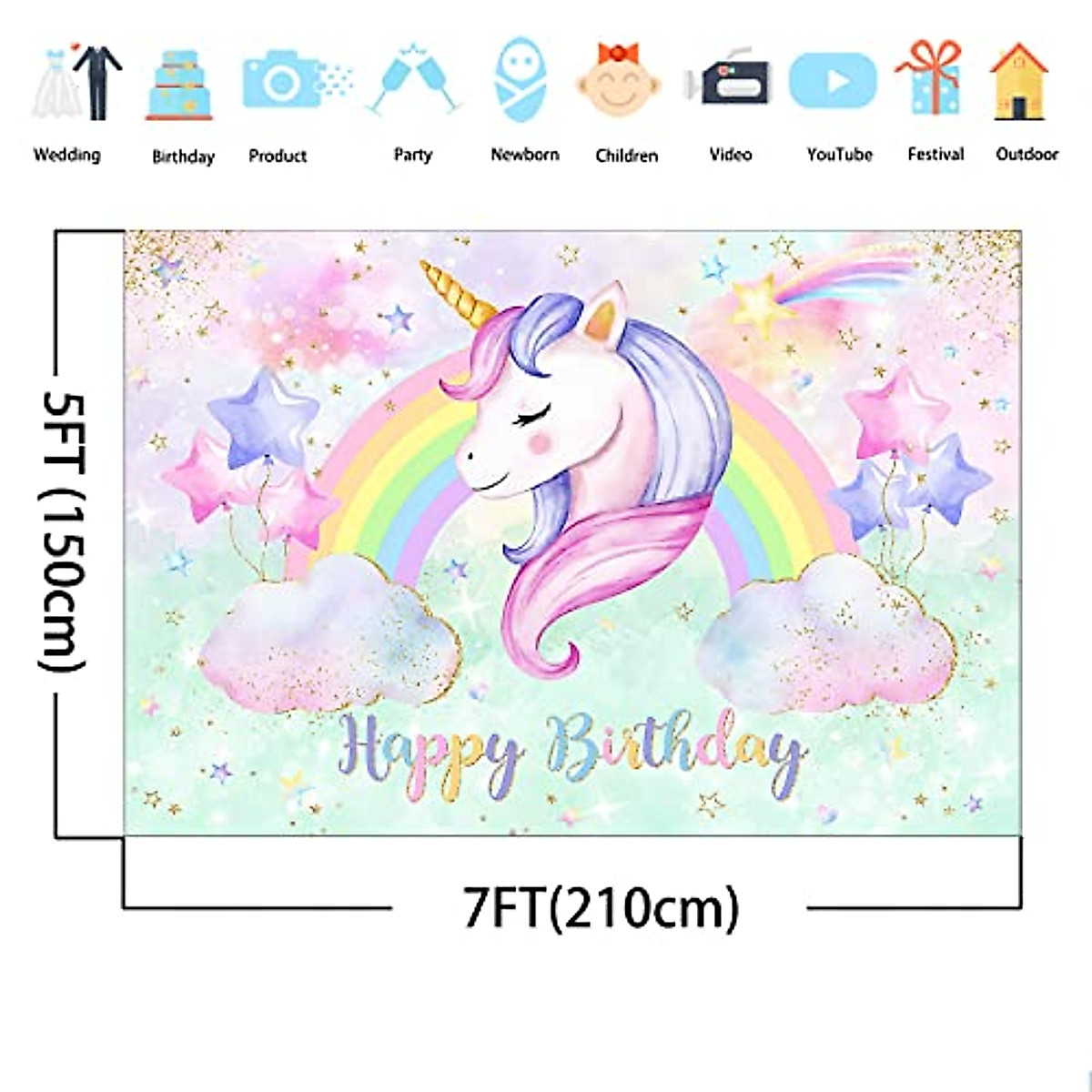 Avezano Unicorn Birthday Backdrop Pastel Rainbow Cloud Glitter Stars Unicorn Birthday Decorations Girls Unicorn Birthday Party Banner Decorations (7x5)