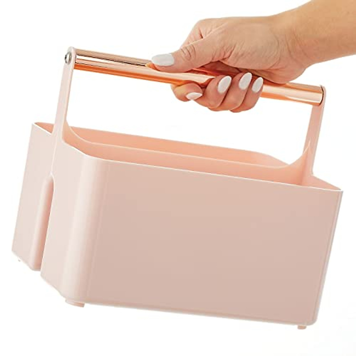 mDesign Plastic Shower Caddy Storage Organizer Utility Tote, Divided Basket Bin - Metal Handle for Bathroom, Dorm, Kitchen, Holds Soap, Shampoo, Conditioner - Aura Collection - Light Pink/Rose Gold